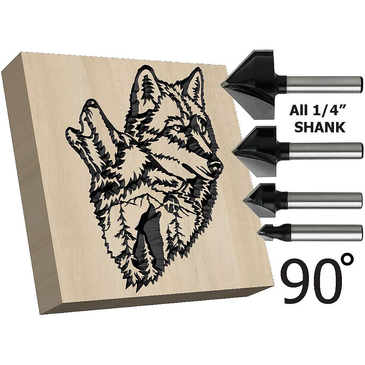 Align Carbide, 4-Piece 90 Degree V Groove Router Bits, 1/4 Inch Shank, Carbide Tipped, CNC Engraving Bit, Woodworking Chamfer Bevel Cutter, CNC Router Pro-Series.