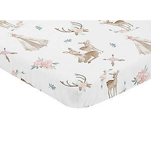 Sweet Jojo Designs Blush Pink, Mint Green and White Boho Baby Girl Fitted Mini Portable Crib Sheet for Woodland Deer Floral Collection - for Mini Crib or Pack and Play ONLY