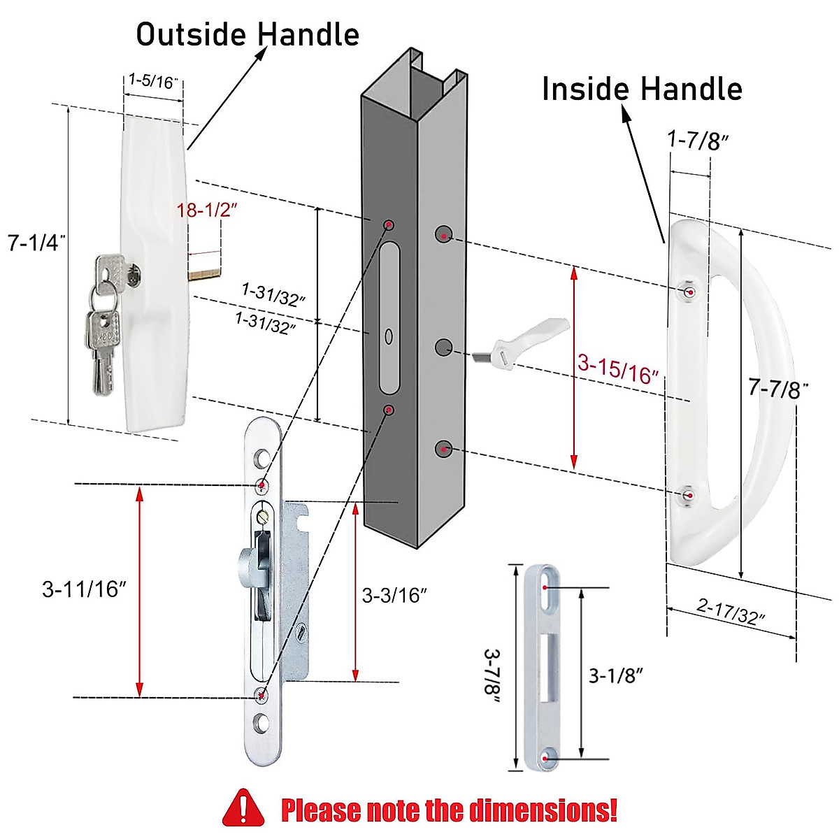 Patio Sliding Door Handle Set with Mortise Lock, Perfect Replacement Sliding Door Handle with Key Lock Fits Patio Doors Thickness 1-1/2" to 1-3/4", 3-15/16" Screw Hole Spacing, Reversible Design