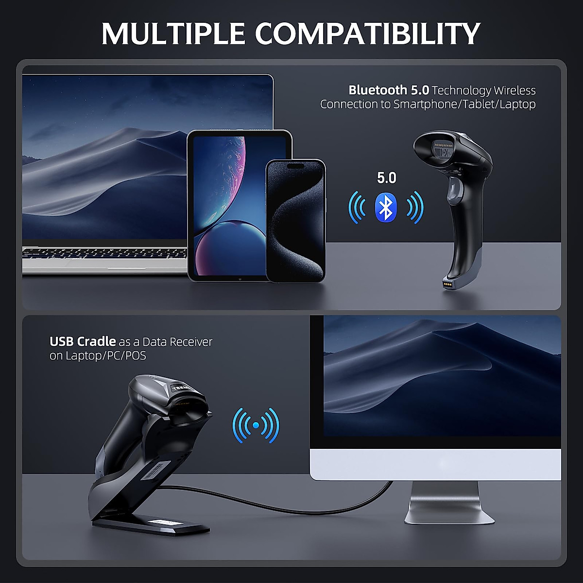 TEEMI QR Bluetooth 5.0 Barcode Scanner with Wall Mountable USB Charging Cradle Data Receiver, 1D 2D Wireless CMOS Screen Scanning PDF417 Data Matrix, Max 300 Yards Transfer Range