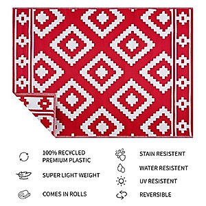 PLAYA RUG Reversible Indoor/Outdoor 100% Recycled Plastic Floor Mat/Rug - Weather, Water, Stain, Fade and UV Resistant - Milan- Red & White (8'x10')