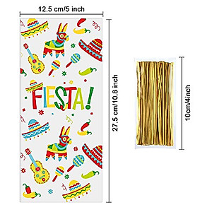 100 Pieces Mexican Fiesta Cellophane Treat Bags, Cinco De Mayo Themed Party Favor Bag Plastic Candy Bags Goodie Gift Bags Taco Bar Decor with 100 Gold Twist Ties for Fiesta Mexico Party Decoration