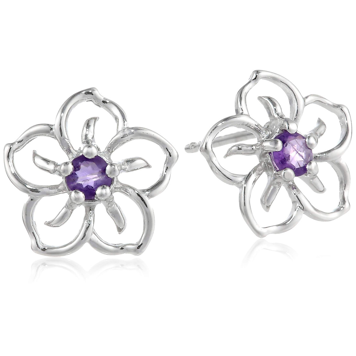 Amazon Essentials Rhodium-plated-silver, Sterling Silver Genuine African Amethyst Flower Stud Earrings (previously Amazon Collection)