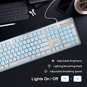LANGTU LED Computer Keyboard, USB Wired Keyboard for Gaming and Office, All-Metal Panel 104 Keys Quiet Membrane Keyboard with Blue Backlit - L2 White/Silver