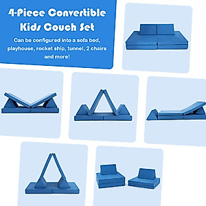 Costzon Kids Couch, 6-Piece Convertible Children's Sofa Playset or 2 Chair w/Folding Mats & 2 Pillows, Washable Cover, Toddler to Teen Bedroom Playroom Boys Girls Birthday