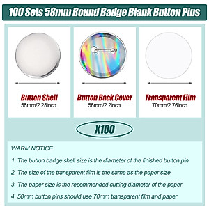 Hicarer 300 Pieces Blank Button Making Supplies Round Badge Button Parts Metal Button Pin Badge Kit for Button Maker Machine, Including Metal Shells Back Cover and Clear Film (2.28 Inch)