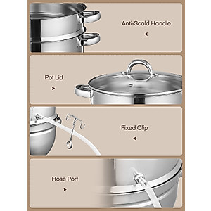 FOHERE 11Qt Steam Juicer Extractor for Canning, Juice Steamer Stainless Steel for Fruit & Vegetables with Glass Lid, Hose, Clamp, Loop Handles, Multipots Cookware for Making Juice, Jelly, Sauces