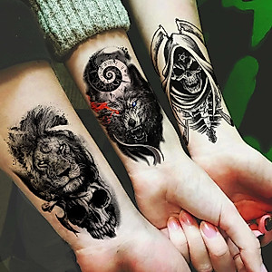 JOEHAPY 39 Sheets 3D Forarm Black Realistic Wolf Tiger Lion Temporary Tattoos For Men Women Thigh Arm, Scary Skull Gothic Gangster Fake Tattoo Sticker Adults, Large Tribal Half Sleeve Tatoos Halloween