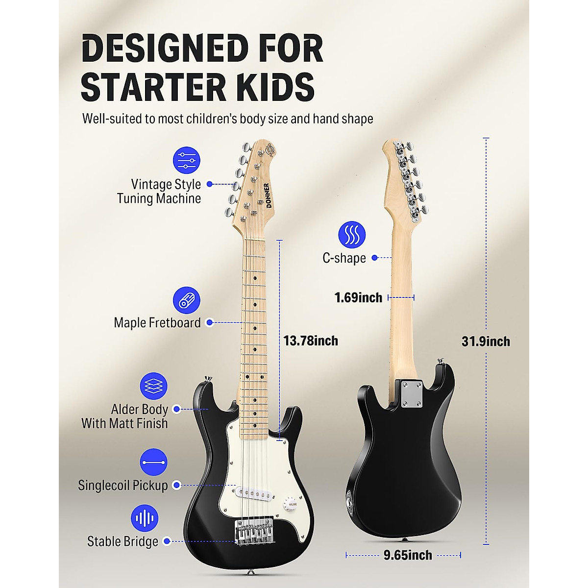 Donner 30 Inch Kids Electric Guitar Beginner Kits ST Style Mini Electric Guitar for Boys Girls with Amp, 600D Bag, Tuner, Picks, Cable, Strap, Extra Strings, DSJ-100, Black