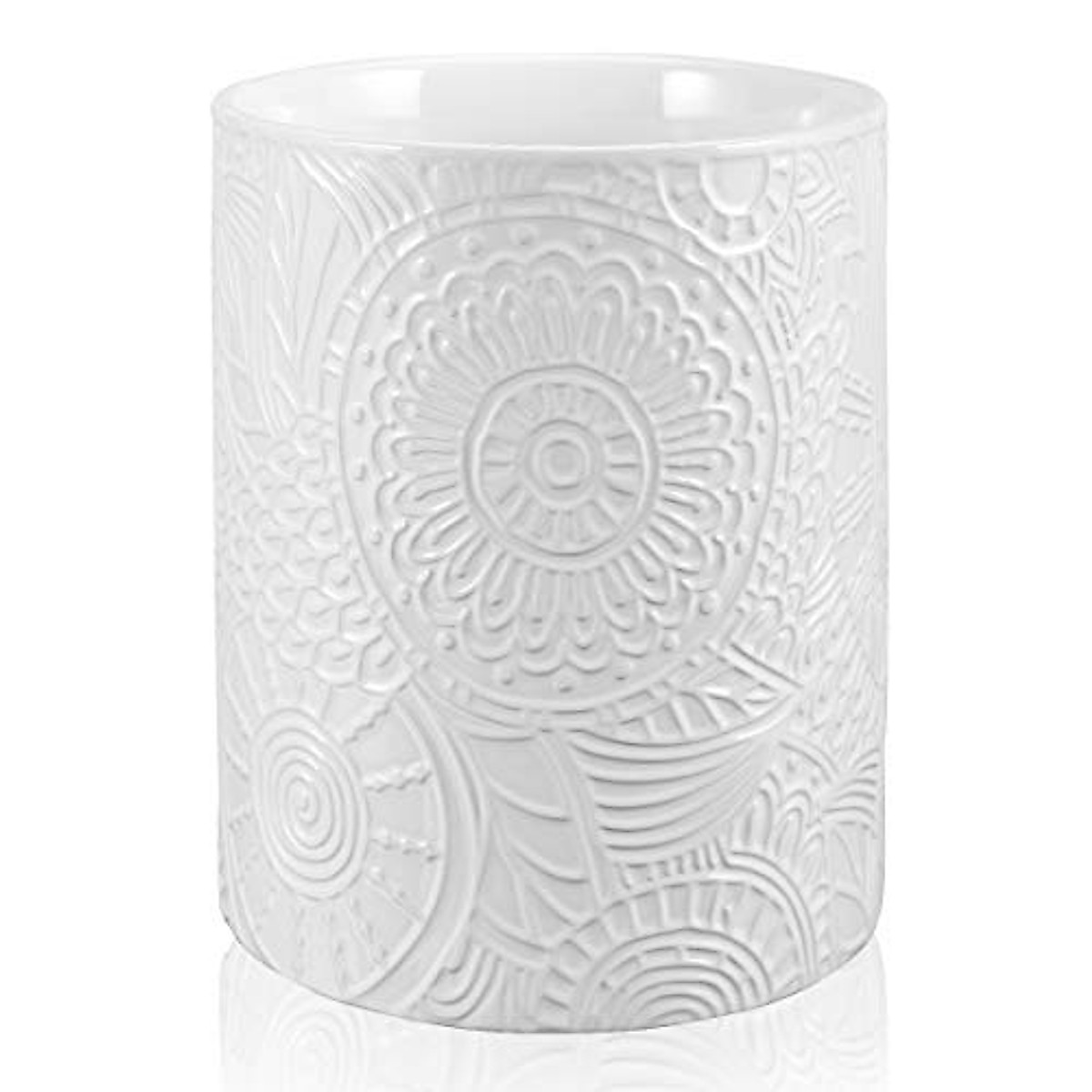 MEIGUI Ceramic Utensil Holder, 7.5 inch High Utensil Holder for Countertop, Modern Cooking Large Utensil Caddy, Durable and Stylish Kitchen Utensil Crock, Flower White