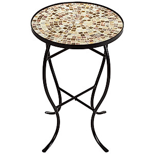 Teal Island Designs Mother of Pearl Modern Black Metal Round Outdoor Accent Side Table 14" Wide Natural Mosaic Tile Tabletop Gracefully Curved Legs for Spaces Porch Patio Home House Balcony Deck