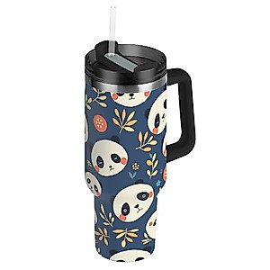 linqin Retro Panda Face Blue Vacuum Insulated Tumbler with Straw Lid 30 oz Gym Water Bottle Reusable Portable Coffee Mug for Home, Office or Car