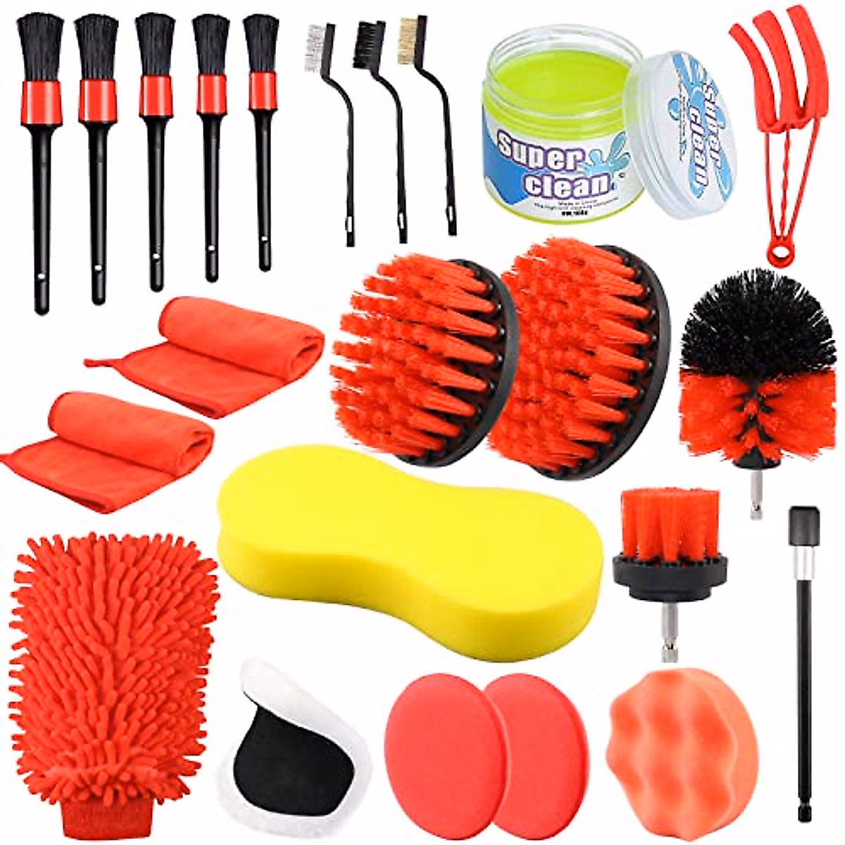 Yeewell 23PCS Car Detailing Brush Set, Drill Brush Set Car Detailing Kit with Cleaning Gel, Auto Detailing Kit with Wash Mitt Sponge, Car Cleaning Tools Kit for Interior, Exterior, Wheels, Dashboard