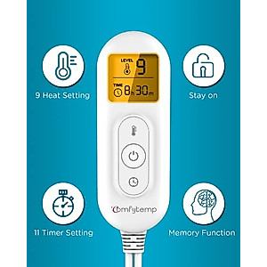 Comfytemp Heating Pad Upgraded, Electric Heat Pad | 9 Heat Setting, Stay On, 11 Timers Auto-Off, Ultra-Soft | 12 x 24 Inch Heated Pad for Cramps, Back Pain Relief, Neck and Shoulders, Machine Washable