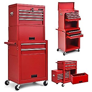 Goplus 6-Drawer Rolling Tool Chest, 3-in-1 Tool Box Organizer w/ Auto Locking System & Lockable Wheels & Sliding Drawers & Detachable Top, Tool Storage Cabinet for Garage Workshop, Red