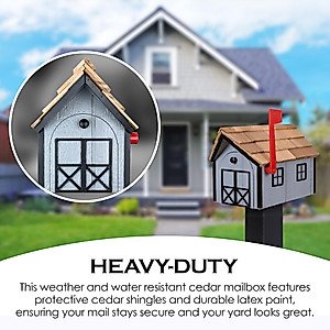 Peaceful Classics Amish Cedar Roof Wooden Mailbox with Window & Door Trim, Mailboxes for Outside, Handcrafted Outside Mailboxes, Post Mount Residential Mailboxes - (Navy with White Trim)