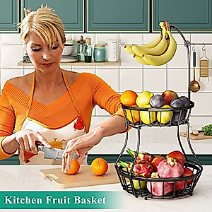 2-Tier Fruit Basket Bowl Stackable Vegetable Storage with Banana Tree Hanger Stand for Kitchen Countertop, Metal Wire Basket for Bread Onions Potatoes Black