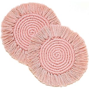 2 Pack Cotton Coasters for Drinks, Round Woven Absorbent Coasters with Tassels, Boho Decor Macrame Coasters Heat Protection Mat for Home, Office and Bar, Housewarming Gift-7in （Pink）