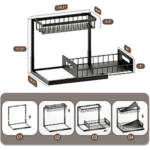 2 Pack Under Sink Organizers and Storage, UINOFLE 2 Tier Sliding Cabinet Organizer Drawer with 8 Hooks Adjustable Depth Pull Out Cabinet Organizer Multi-Purpose Organizer for Bathroom Kitchen (Black)