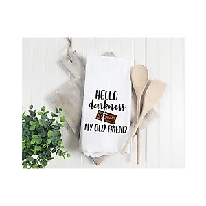 Hello Darkness My Old Friend - Dish Towel Kitchen Tea Towel Funny Saying Humorous Flour Sack Towels Great Housewarming Gift 28 inch by 28 inch, 100% Cotton, Multi-Purpose Towel