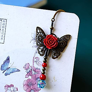 YIRUZWRD Classic Metal Bookmark Rose Flower Butterfly Design Bead Pendant Beading Bookmark