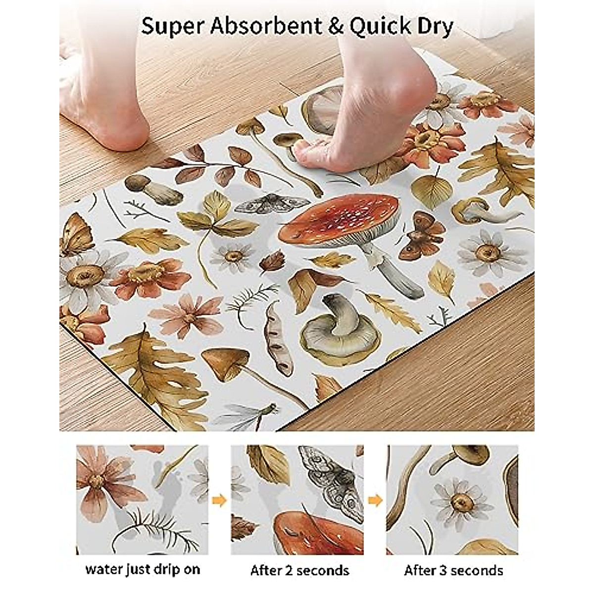 Gogobebe Super Absorbent Diatom Mud Mat Fall Thanksgiving Mushroom Retro Rustic Floral Botanical Leaves Quick-Drying Thin Bath Mat Non-Slip Bathtub Mat Anti-Skid Rubber Bathroom Shower Mat 16x24in