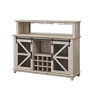 OKD Farmhouse Coffee Bar Cabinet with LED Lights, 55" Wine Bar w/Sliding Barn Door & Wine and Glass Rack, Kitchen Buffet Cabinet w/Storage Shelves for Dining Room,Light Rustic Oak