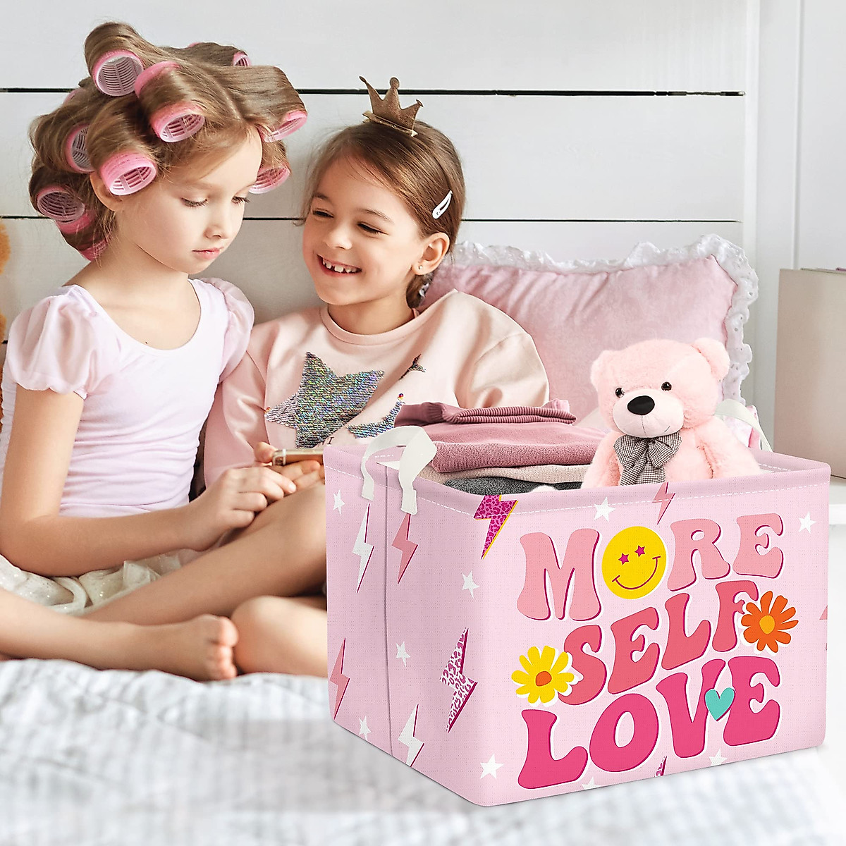 Clastyle Pink Mothers Day Gift Basket Flower Star Love Preppy Shelf Basket Rectangle Clothes Books Toys Chest