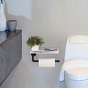 Paper Towel Holder with Shelf Rustic Toilet Paper Roll Holder Wall Mount Industrial Pipe Toilet Paper Holder with Wooden Shelf for Bathroom Washroom Kitchen