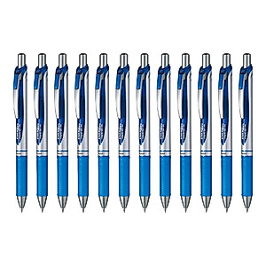 Pentel Gel Ink Pen, EnerGel RTX Gel Pens, 0.7 mm Metal Tip, Black/Silver Barrel, Blue Ink, 12 Each (BL77-C)