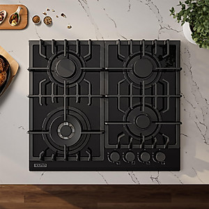 Empava 24 in. Gas Stove Cooktop with 4 Sealed Burners-Heavy Duty Continuous Grates-NG/LPG Convertible-Black Tempered Glass Surface, 24 Inch