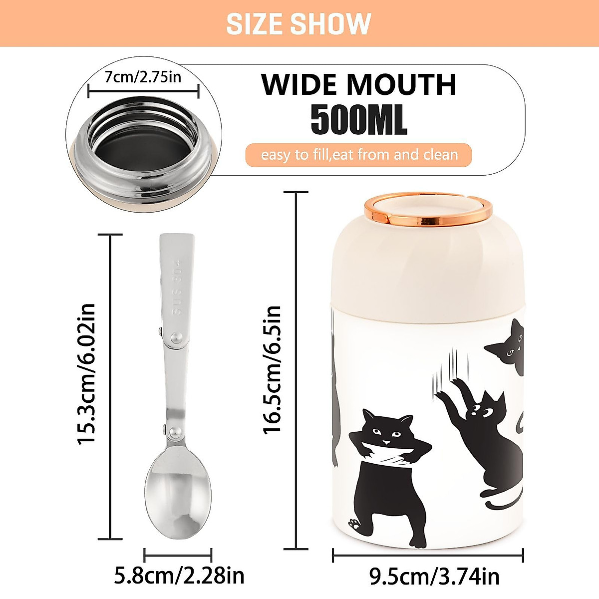 CUPADA Black Cats Paw Scratching Food Jar for Hot and Cold, Insulated Food Jars Vacuum 17OZ with Folding Spoon for Work Trip Picnic Camping