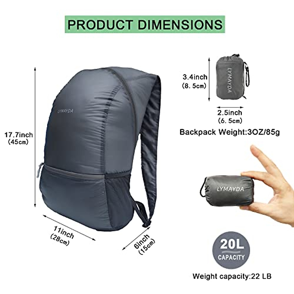 LYMAYDA 20L Ultra Lightweight Thin Backpack Only 3 Ounces Water Resistant Packable Foldable Small Pack Outdoor Travel Hiking Daypacks (Grey)