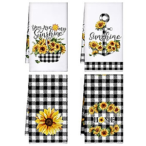 Bencailor 4 Pcs Sunflower Kitchen Towels Decorative Dish Towels Funny Hand Towel Absorbent Kitchen Cloths Buffalo Plaid Tea Towels Housewarming Gifts 16 x 24 Inch (Plaid, Yellow, Sunflower)