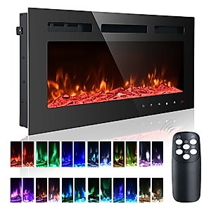 36 Inch Electric Fireplace Inserts, Quiet Wall Mounted Fireplace, Led Fireplace for Living Room, Recessed Electric Fireplace, Linear Fireplace, Logs & Crystal, 750/1500W