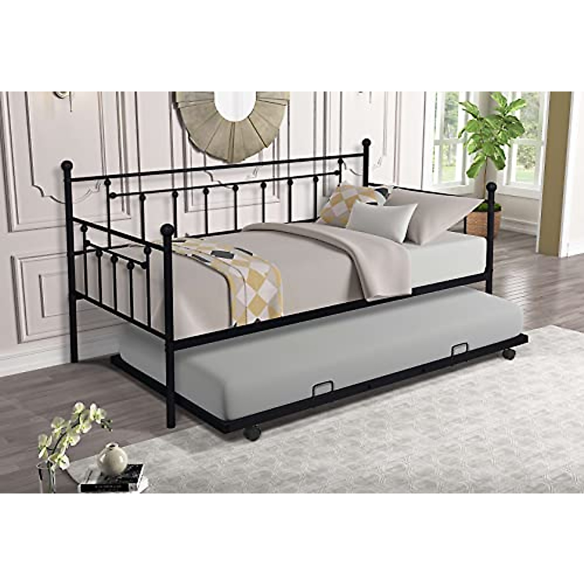 gaodashang Twin Size Metal Frame Daybed with Pullout Trundle,Heavy Duty Steel Slat Support Sofa Bed for Guest,No Spring Box Needed,Black