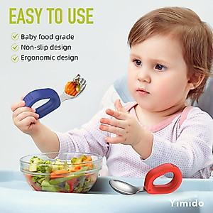 Yimido Toddler Utensils Baby Utensils Toddler Forks and Spoons Baby Forks and Spoons Set Kids Stainless Steel Silverware Set Children Safe Forks and Spoons self feedig-Dishwasher Safe(Red+Blue)