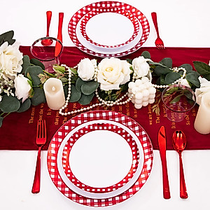 Morejoy 150PCS Christmas Plates Plastic - Red White Plastic Plates Disposable, Includes: 25 Dessert Plates, 25 Dinner Plates, 25 Knives, 25Forks, 25 Spoons, 25Cups Perfect for Chrismtas Party