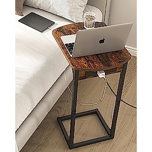 Hzuaneri L Shaped End Table with Charging Station, Bed Side Table with USB Port & Outlet, Couch Table, C Snack Table for Living Room, Bedroom, Rustic Brown and Black ET04901B