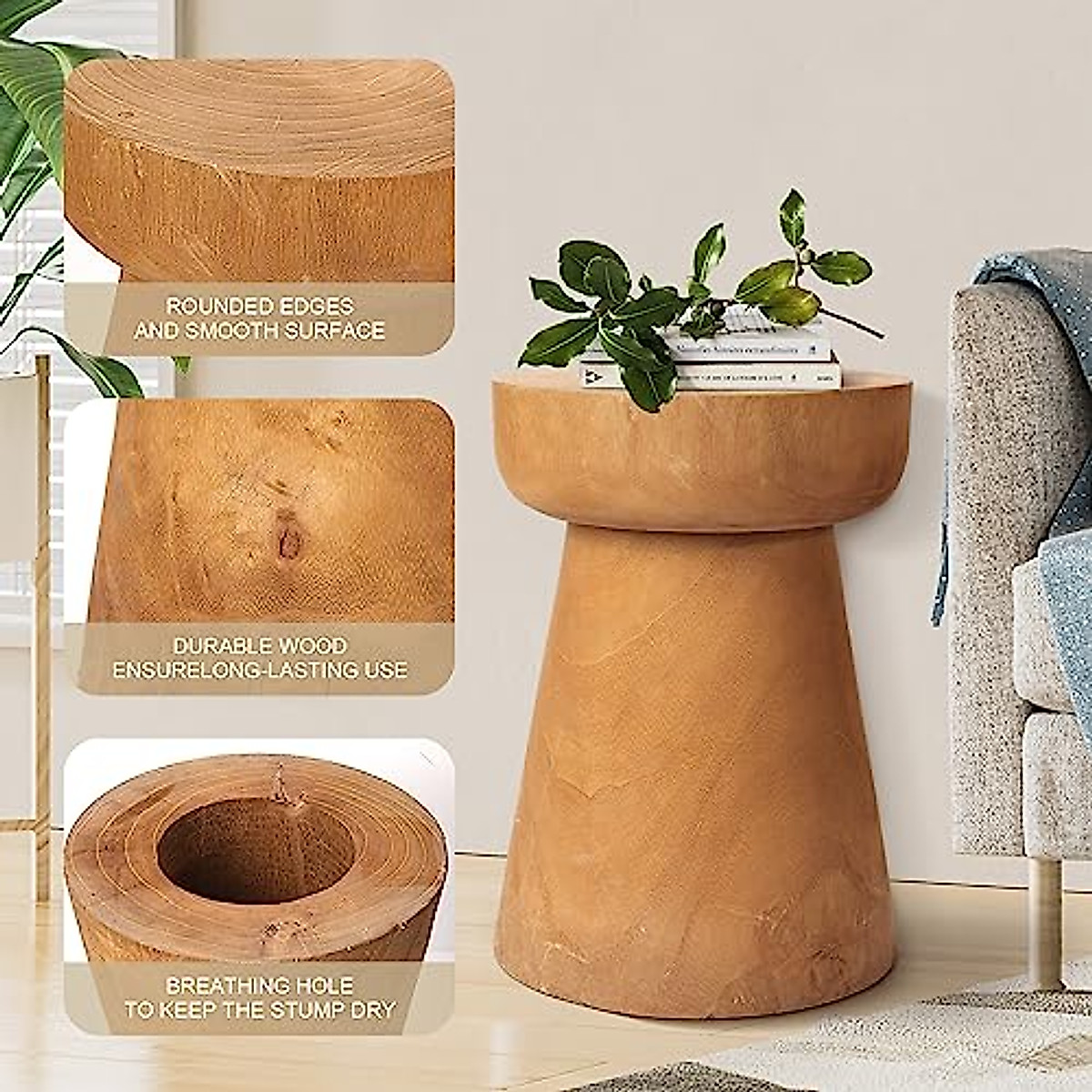 Uziass Wood Tree Stump Stool, 15" Wood Tree Stump Side Table Wooden Stump End Table Round Tree Stump Table Outdoor Stump Table Natural Decorative Garden Stools for Living Room Bedroom Patio Home Decor
