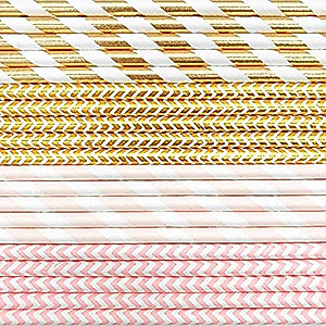 Biodegradable Paper Straws, 100 Pink Straws/Gold Straws for Party Supplies, Birthday, Wedding, Bridal/Baby Shower Decorations and Holiday Celebrations