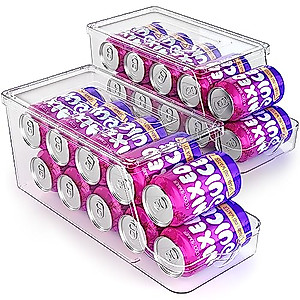 Soda Can Dispenser for Refrigerator with Lids, Stackable Drink Organizer for Fridge, Clear Plastic Refrigerator Organizer Bins, Beverage Can Holders for Pantry, Freezer, Kitchen, Cabinets Set of 2