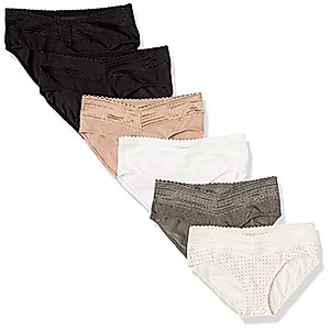 Warner's womens Blissful Benefits Dig-free Comfort Waist With Lace Cotton 6-pack Ru2266w Hipster Panties, Toasted Almond/Black/ White/Bodytone Polda Dot/Stone Crystal Web/ Black, Large US