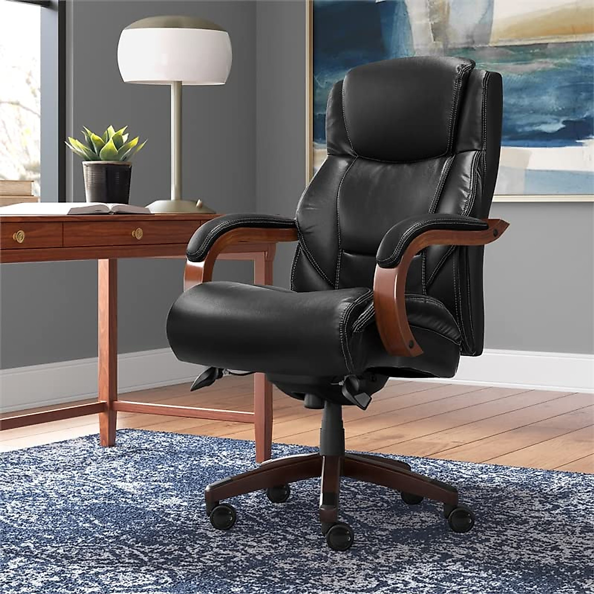 La-Z-Boy Delano Big & Tall Executive Office Chair | High Back Ergonomic Lumbar Support, Bonded Leather, Black with Mahogany Wood Finish | 45833A