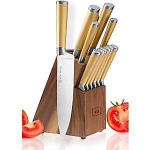Gold Knife Set with Walnut Knife Block, 13-piece Kitchen Knives Stainless Steel Gold Knives Set, Full Tang, Knives Gold - Gold Kitchen Accessories