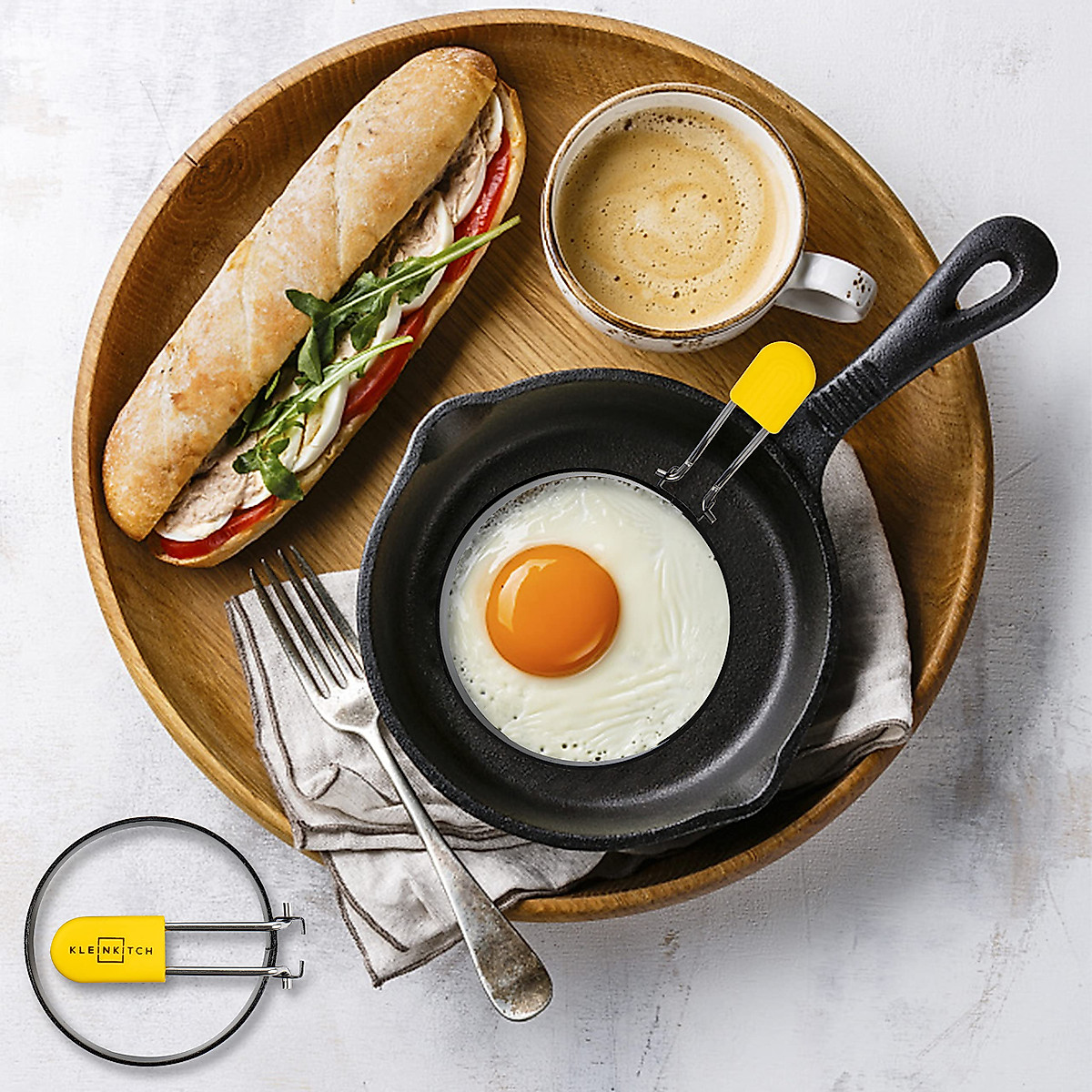 KLEINKITCH Egg Rings – 5 Piece Set of 2 Small and 2 Large Egg Molds for Frying Eggs with Oil Brush Plus Recipe EBook – Professional Portable Round Egg and Pancake Rings – 3 Inch and 4-Inch Sizes