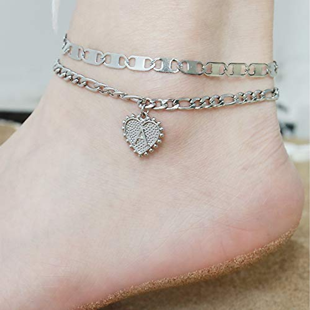 C Silver Initial Anklet for Women Silver Cuban Link Anklet Bracelet for Women Men Dainty Letter Name Ankle for
