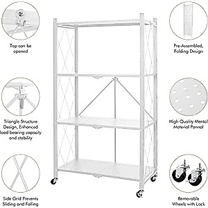 MagicFox Foldable Storage Shelf Unit on Wheels Large Capacity (No Assembly) Heavy Duty Steel 5-Shelving Organizer Rack for Kitchen, Garage and Laundry Bathroom Tool Organization(5 Tier (White)