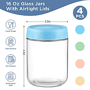 DRKIO 16 Oz Overnight Oats Containers with Lids - 4 Pack Glass Storage Jars with Airtight Lids Wide Mouth Mason Food Jars Great for Meal Prep Salad Chia Pudding Snacks Yogurt Sugar Spice Cereal
