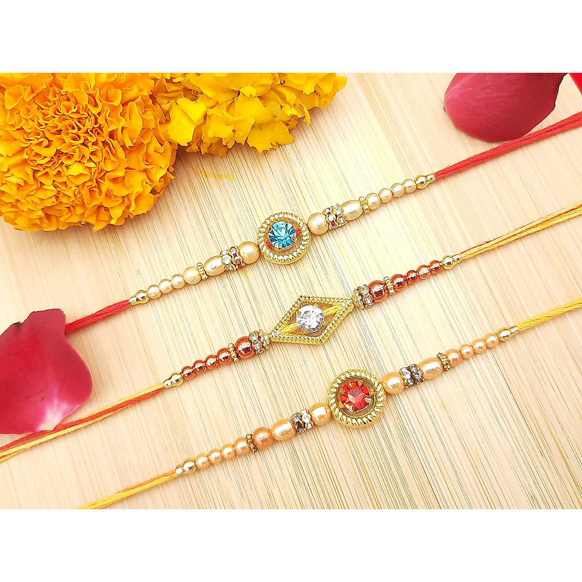 Palak Global Rakhi bracelet, Wrist Band. Fancy Rakhi three unique beautiful stones. Rakhi a best gift celebration with your Brother, Bhabhi/Sibling, Sister,beads and stone., stone